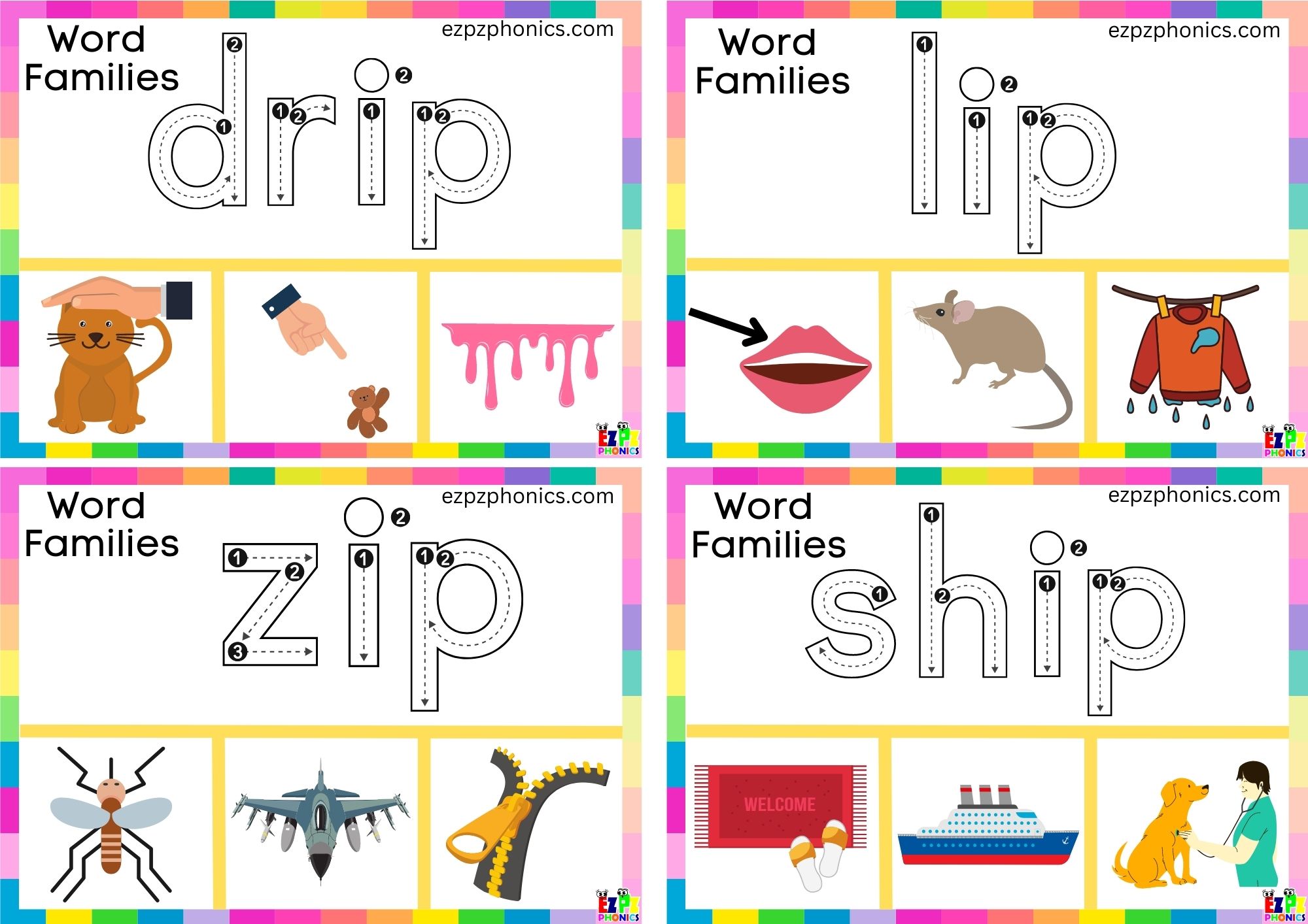 Word Family ip trace the word and clip the correct image Clip cards group 2 - ezpzphonics.com